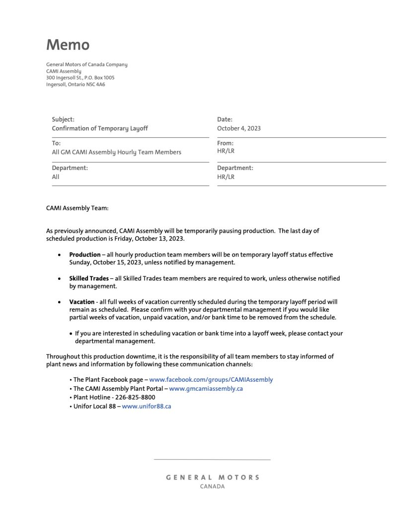 Layoff memo from GM – October 4, 2023 - Unifor Local 88